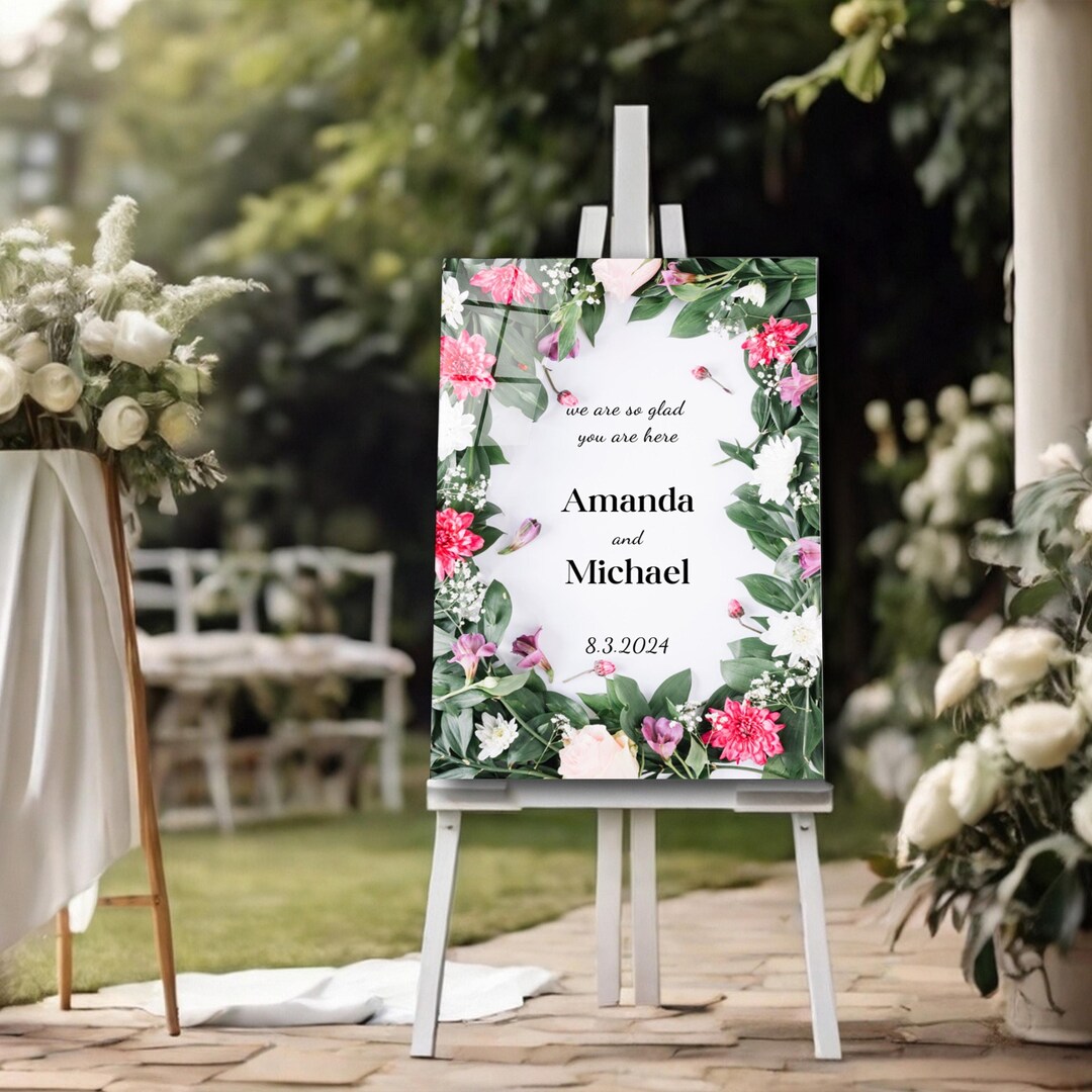 Floral Tempered Glass Wedding Sign, Custom Wedding Signage With Names ...