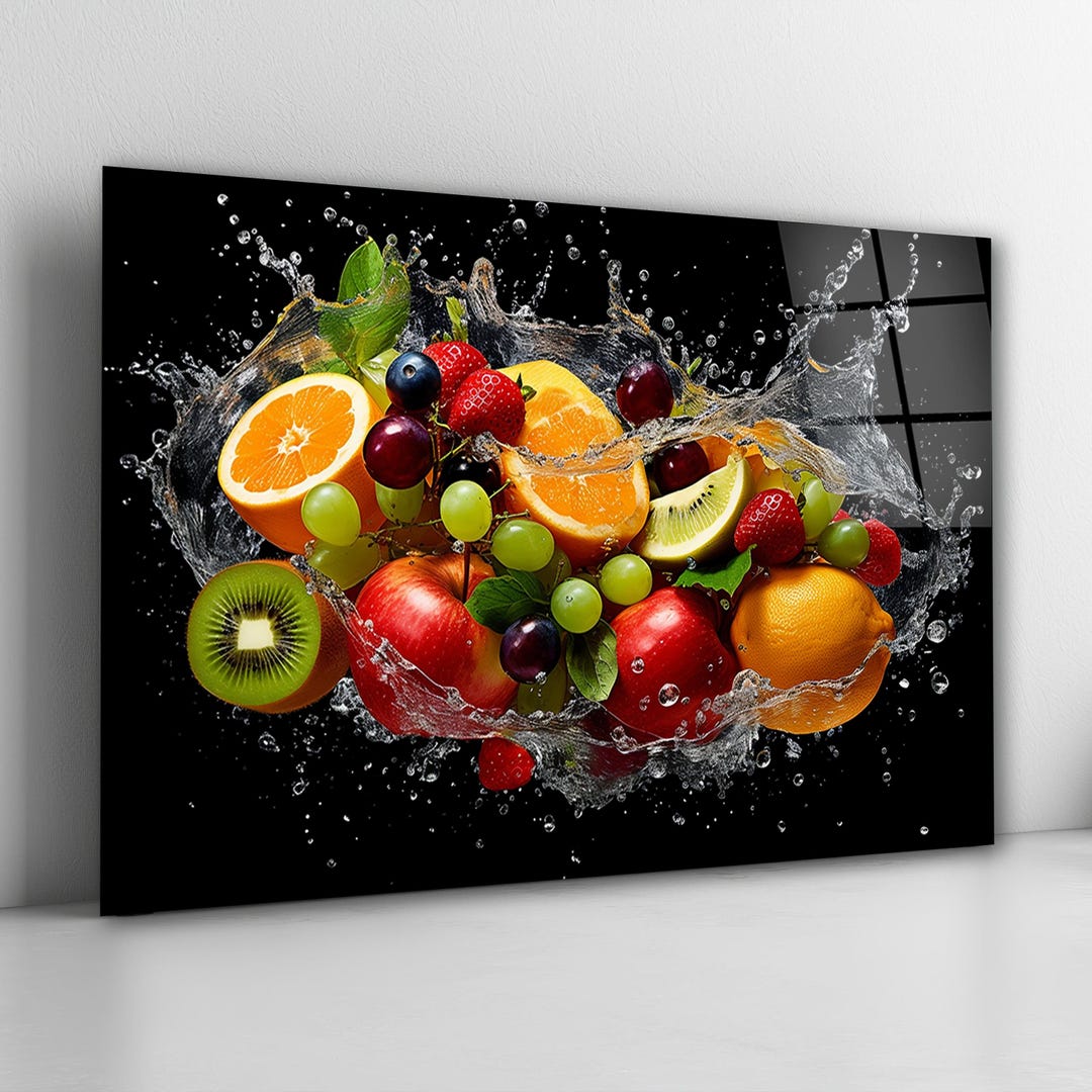 Fruits Splash Glass Wall Art, Kitchen Tempered Glass Backsplash Decor ...