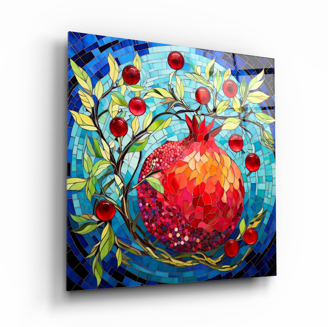 Pomegranate Abundance Symbol Glass Wall Art, Fruit Mosaic Tempered ...