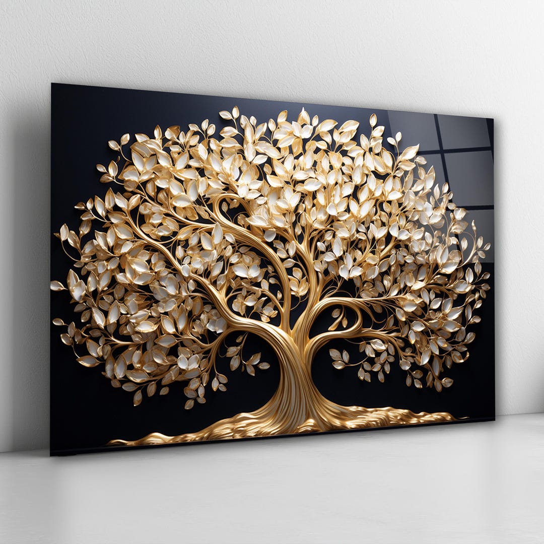 Gold Tree of Life Glass Wall Art, Elegant Golden Tree Tempered Glass ...