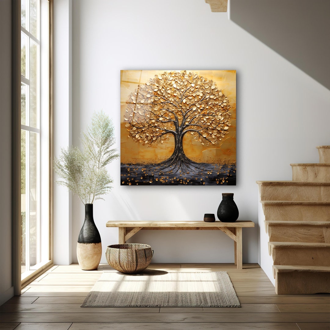 Gold Tree of Life Glass Wall Art, Golden Tempered Glass Decor, Money ...