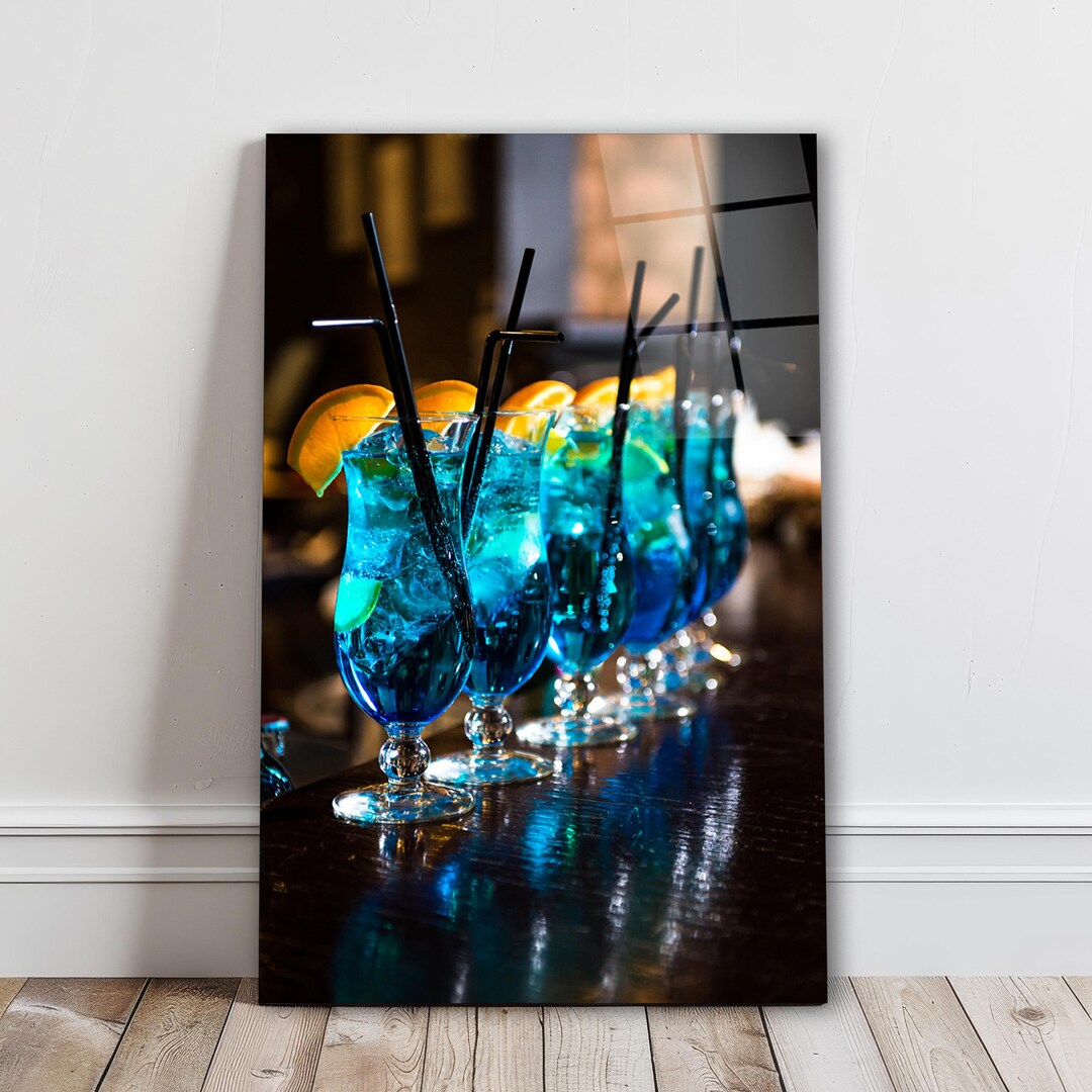 Blue Lagoon Cocktail Glass Wall Art, Kitchen Tempered Glass Decor, Bar ...