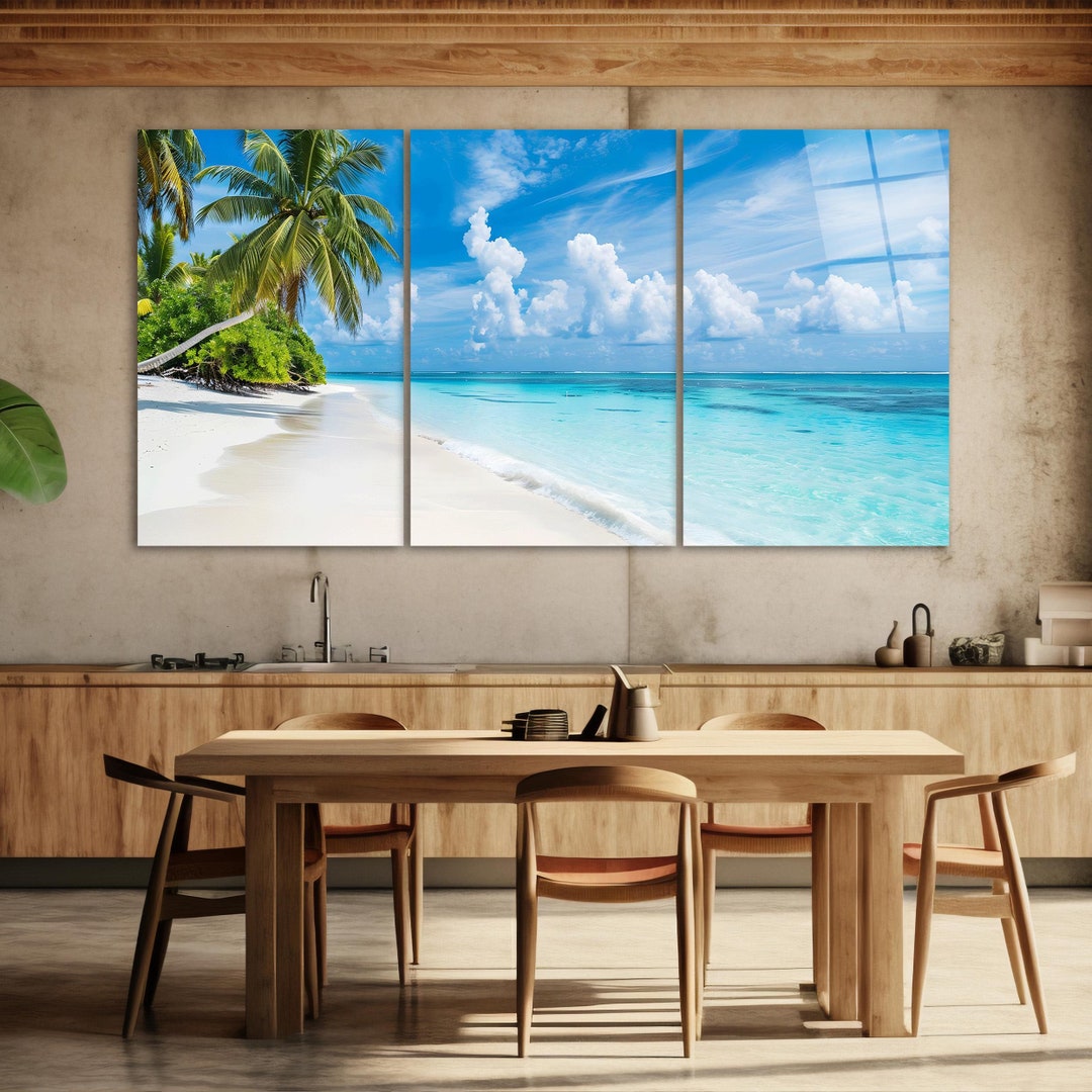 3-panel Maldives Glass Wall Art, Triple Ocean Tempered Glass Decor ...
