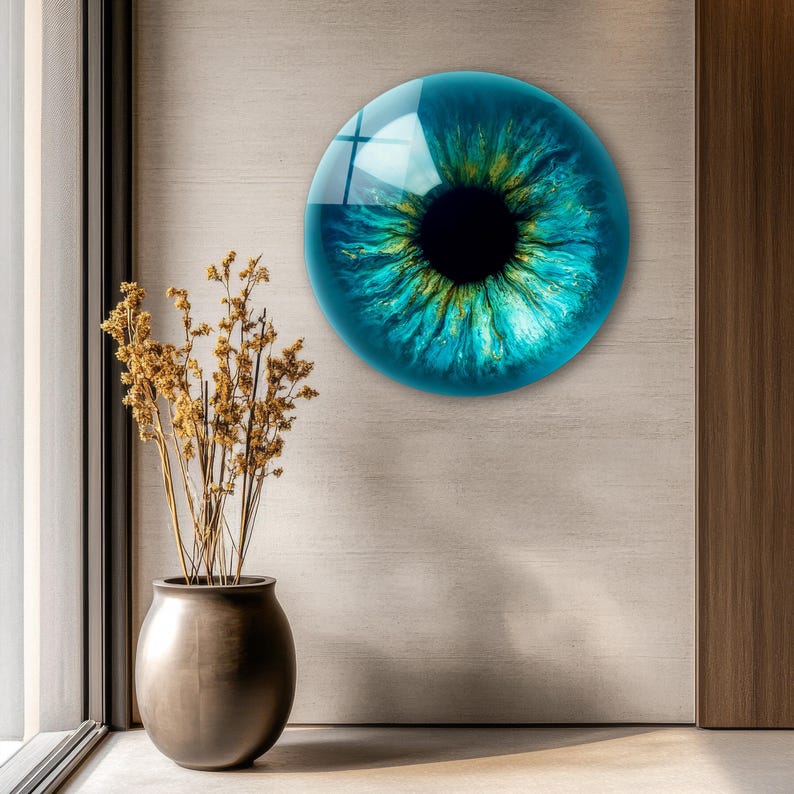 Round Tempered Glass Decor, Blue Eye Glass Art, Iris Wall Decor, Unique ...