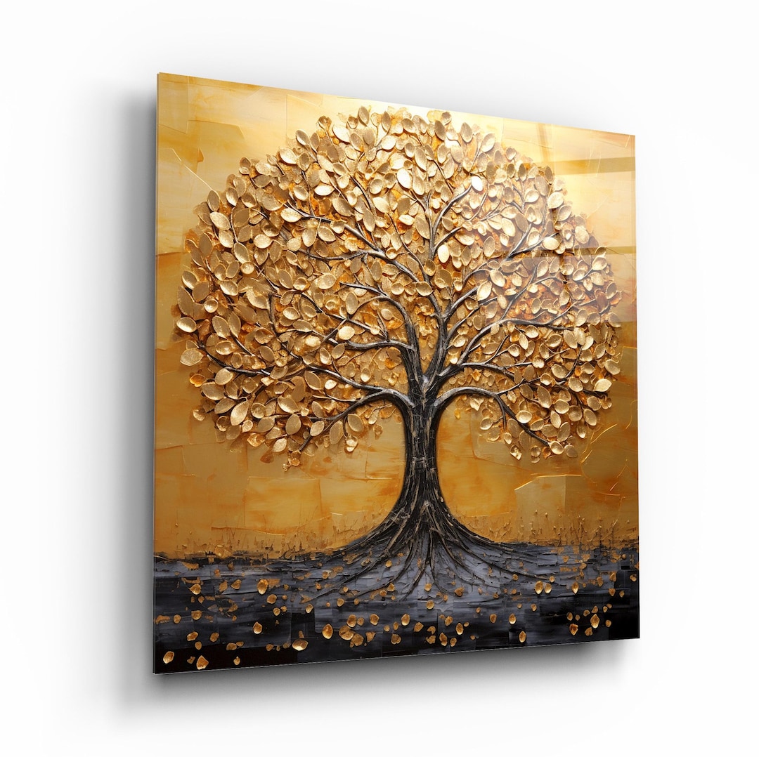 Gold Tree of Life Glass Wall Art, Golden Tempered Glass Decor, Money ...