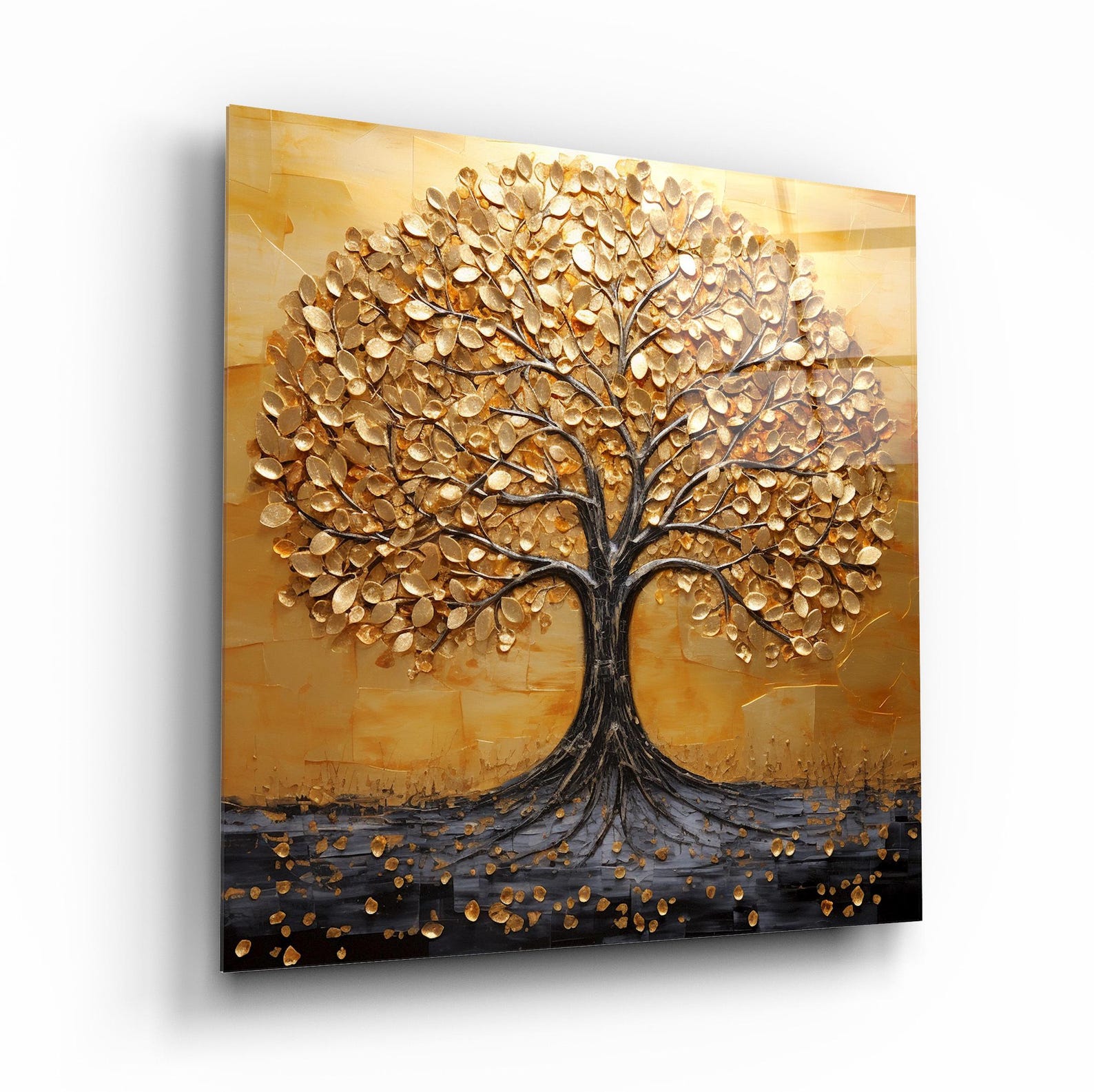 Gold Tree of Life Glass Wall Art, Golden Tempered Glass Decor, Money ...