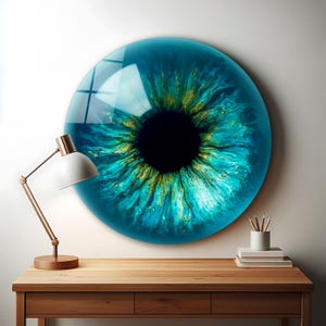 Round Tempered Glass Decor, Blue Eye Glass Art, Iris Wall Decor, Unique ...