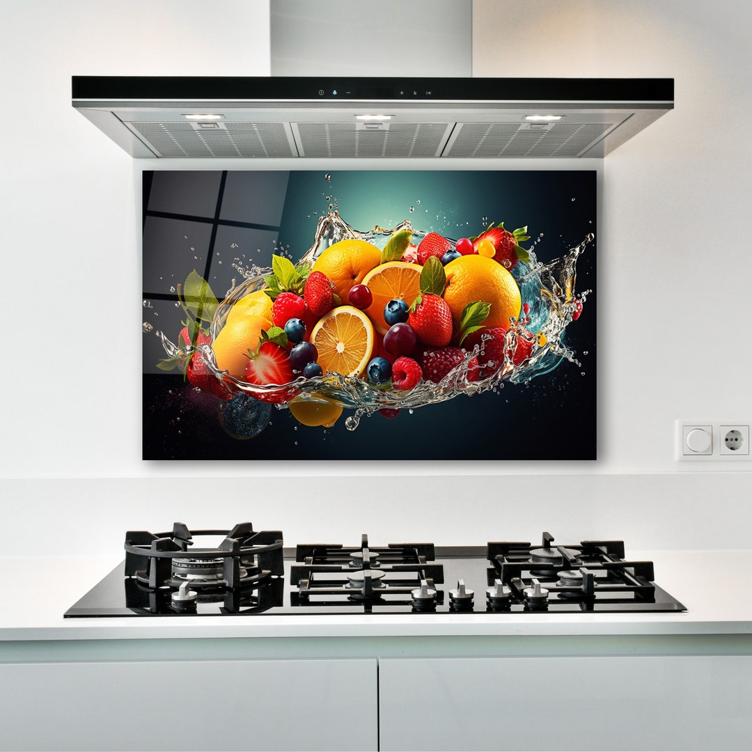 Fruits Splash Glass Wall Art, Tempered Glass Backsplash Decor, Kitchen ...