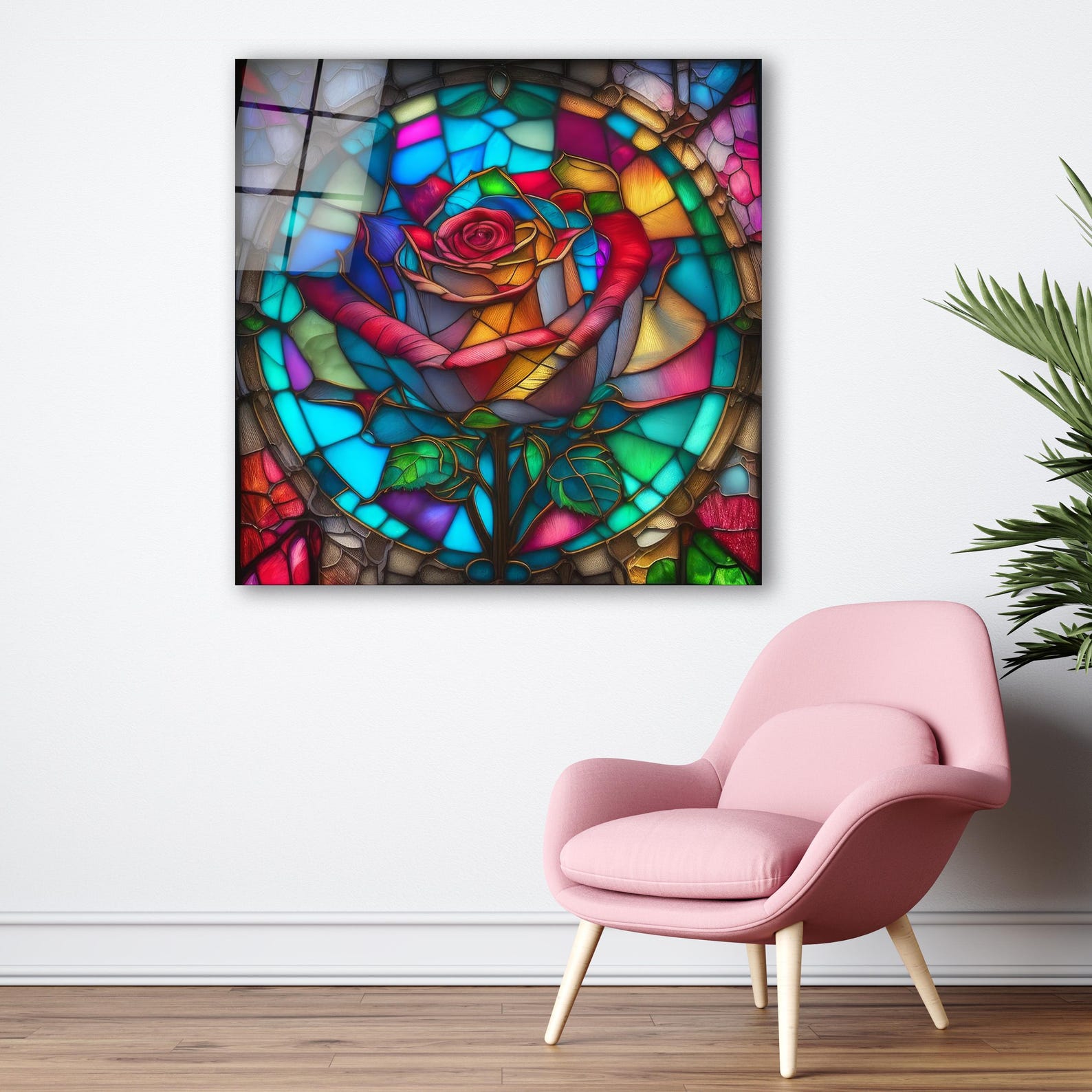 Stained Glass Effect Rose, Colorful Tempered Glass Wall Art, Rose Wall ...