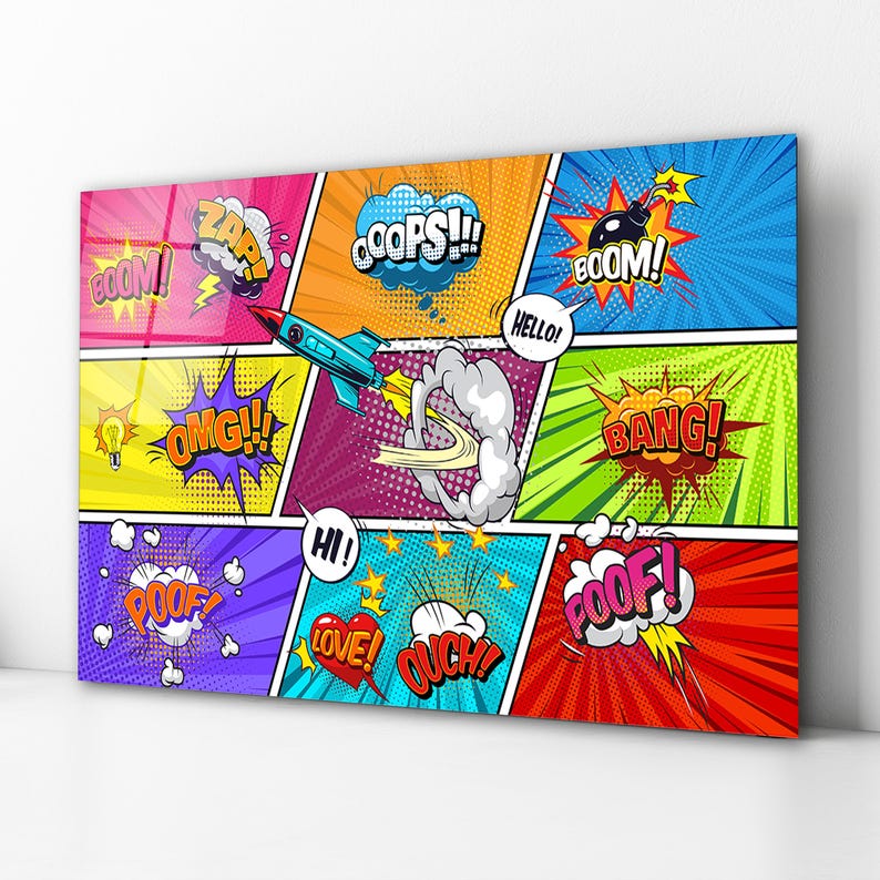 Comic Pop Glass Wall Art, Retro Style Wall Decor, Glass Printing, Home ...