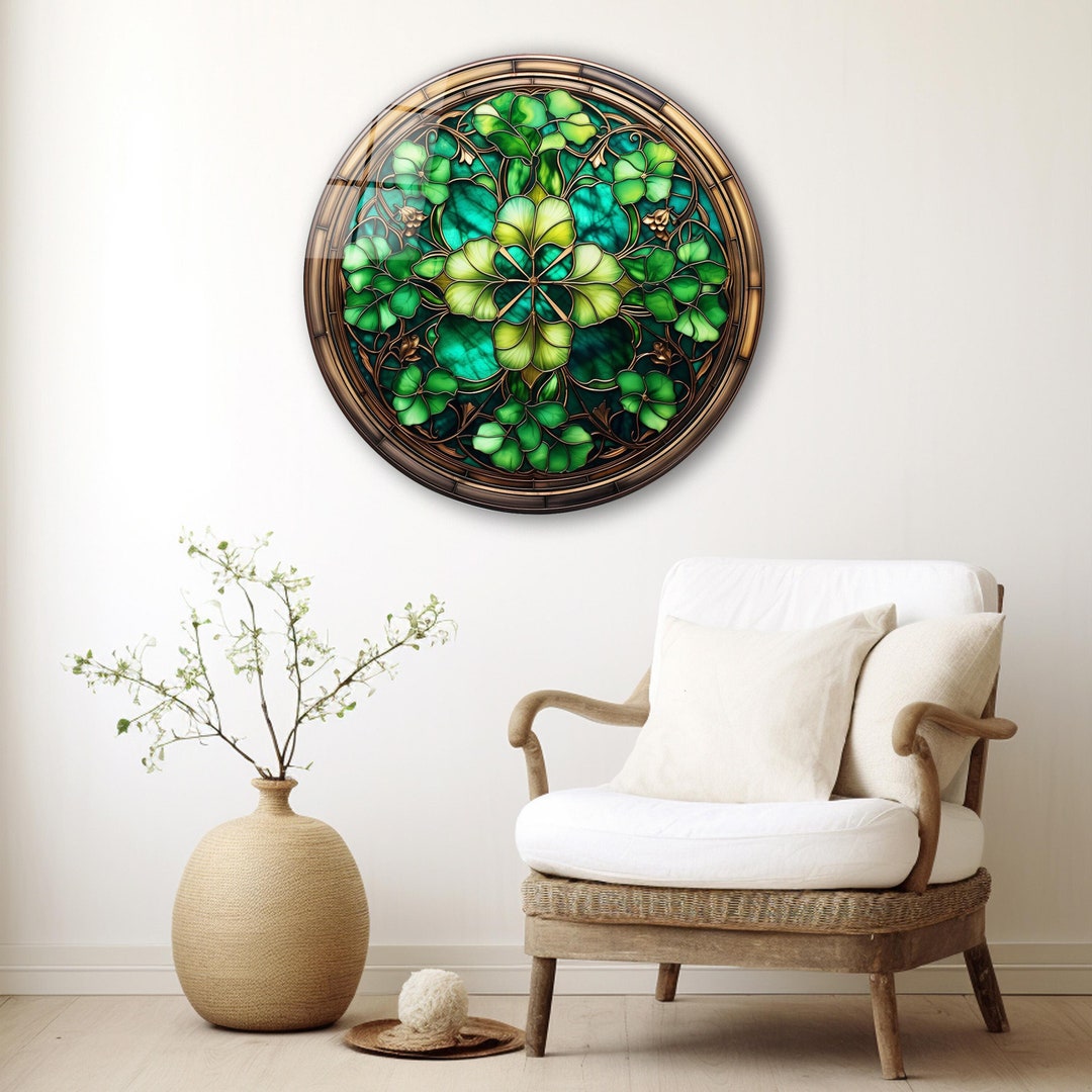 Round Stained Glass Clover Wall Art, Tempered Glass Shamrock Wall Decor ...
