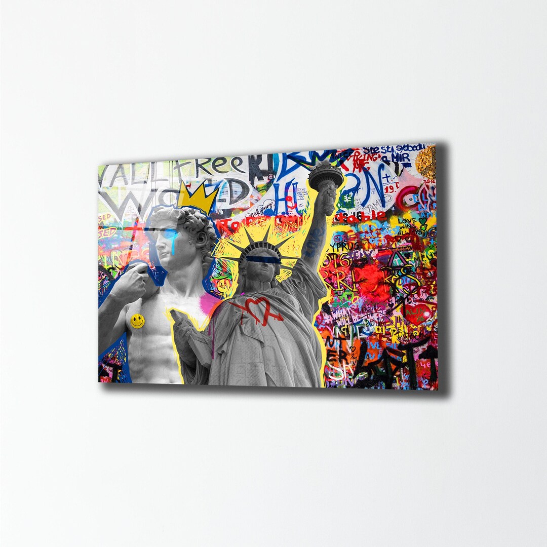 Punk Rock Collage Glass Wall Art, Colorful Banksy Style Tempered Glass ...