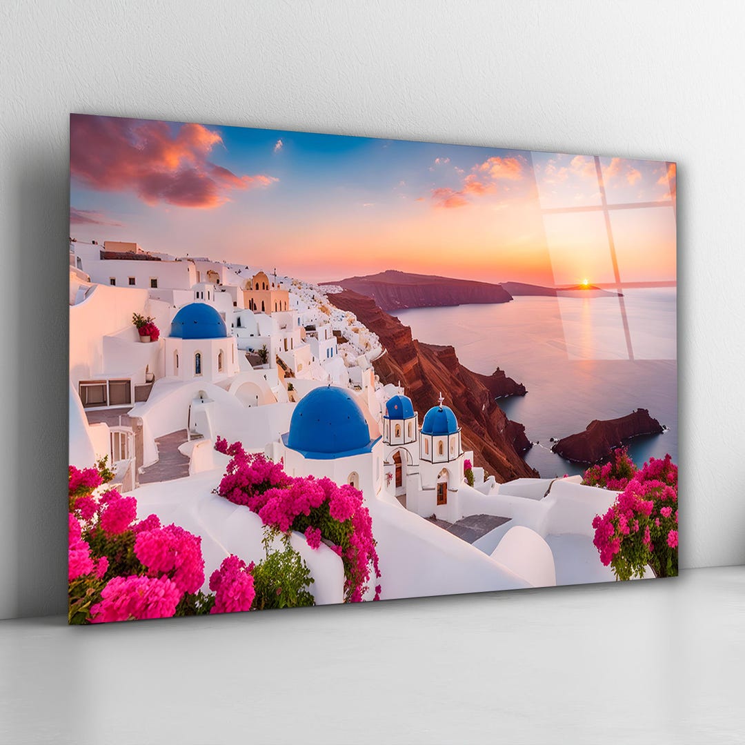 Santorini Greece Glass Wall Art, Greek Island Summer Tempered Glass ...