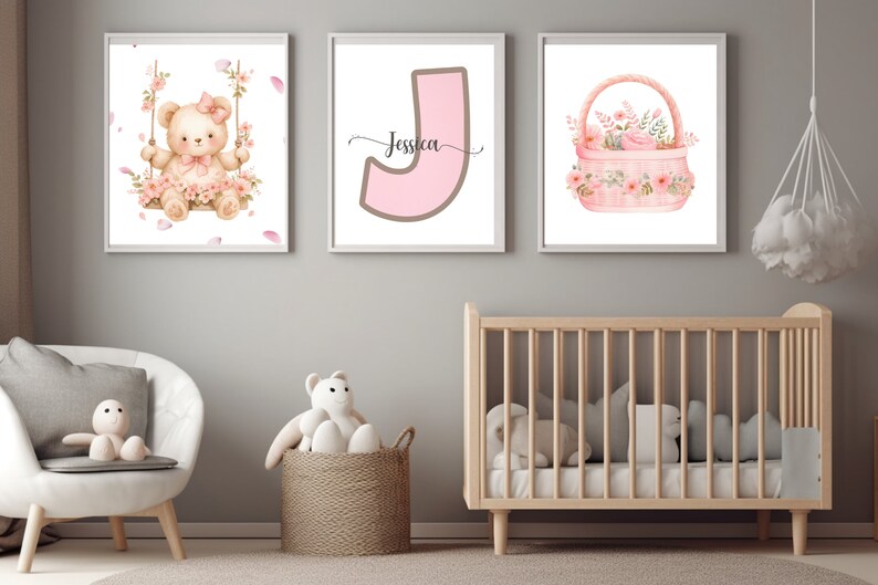 Set of 3 Printable Sheets of Pink Teddy Bear, Personalized Name ...