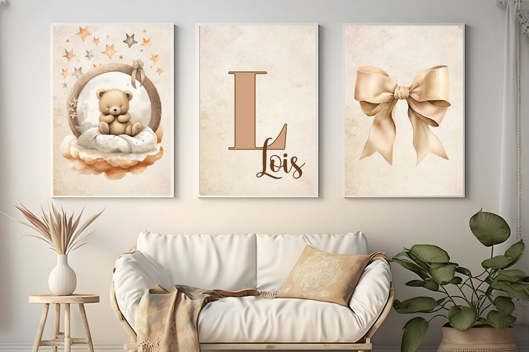 Set of 3 Printable Sheets of a Teddy Bear and Pretty Neutral Flirty Bow ...