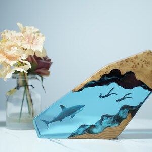 Great White Shark and Diver Resin Wood Night Light, Bedroom Night Light ...