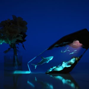 Great White Shark and Diver Resin Wood Night Light, Bedroom Night Light ...