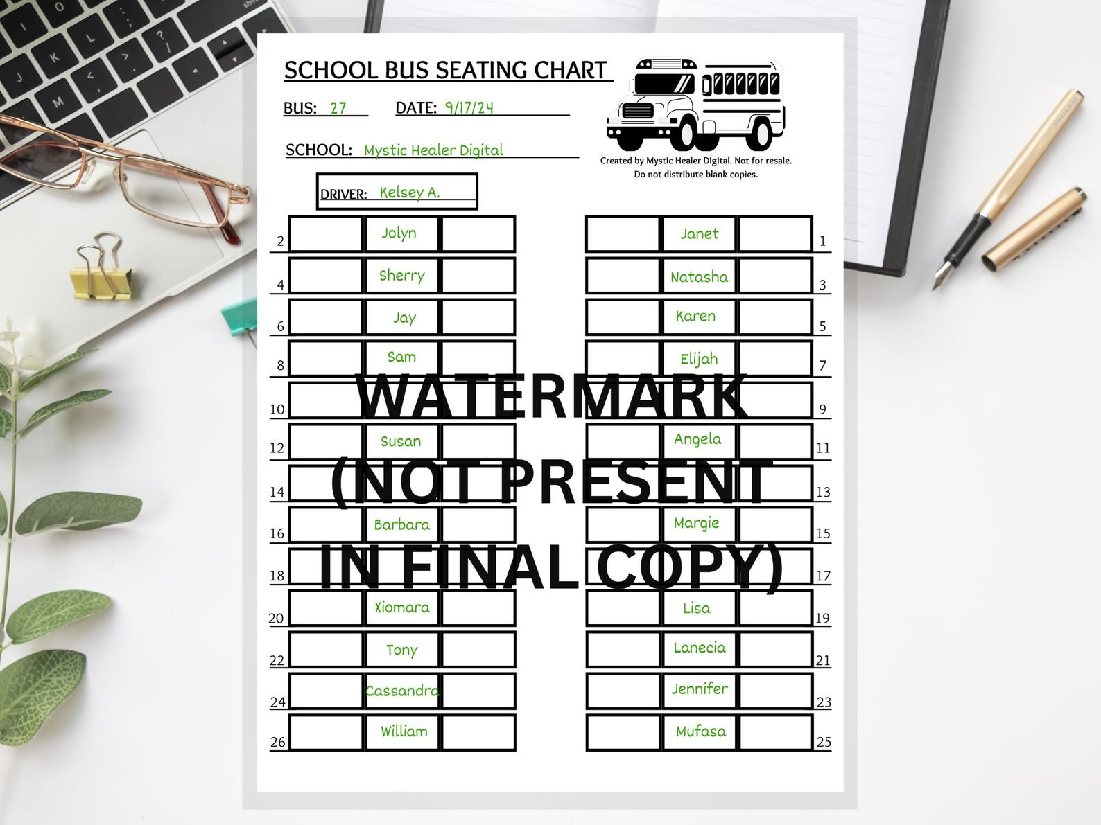 Numbered School Bus Seating Chart, School Bus Drivers, Teacher Bus ...