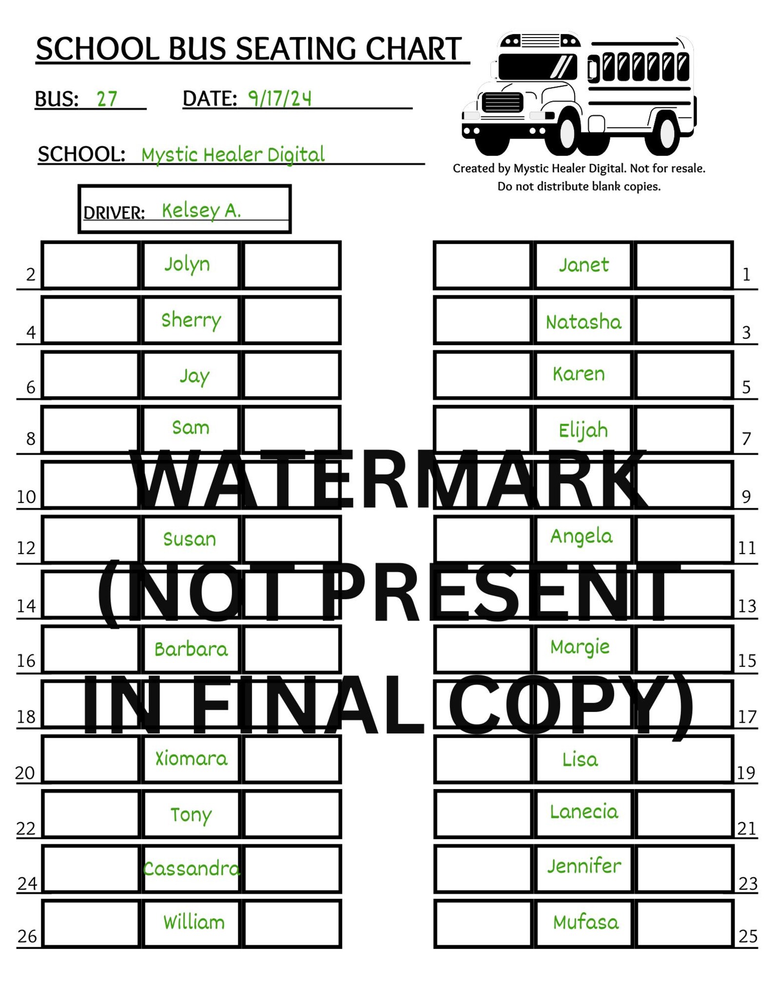 Numbered School Bus Seating Chart, School Bus Drivers, Teacher Bus ...