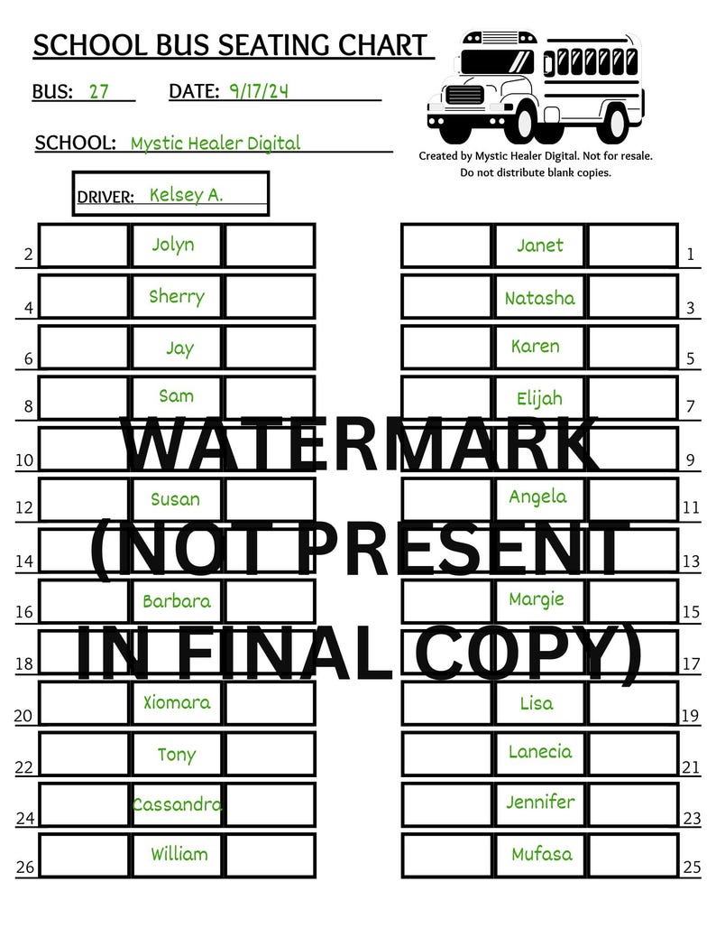 Numbered School Bus Seating Chart, School Bus Drivers, Teacher Bus ...