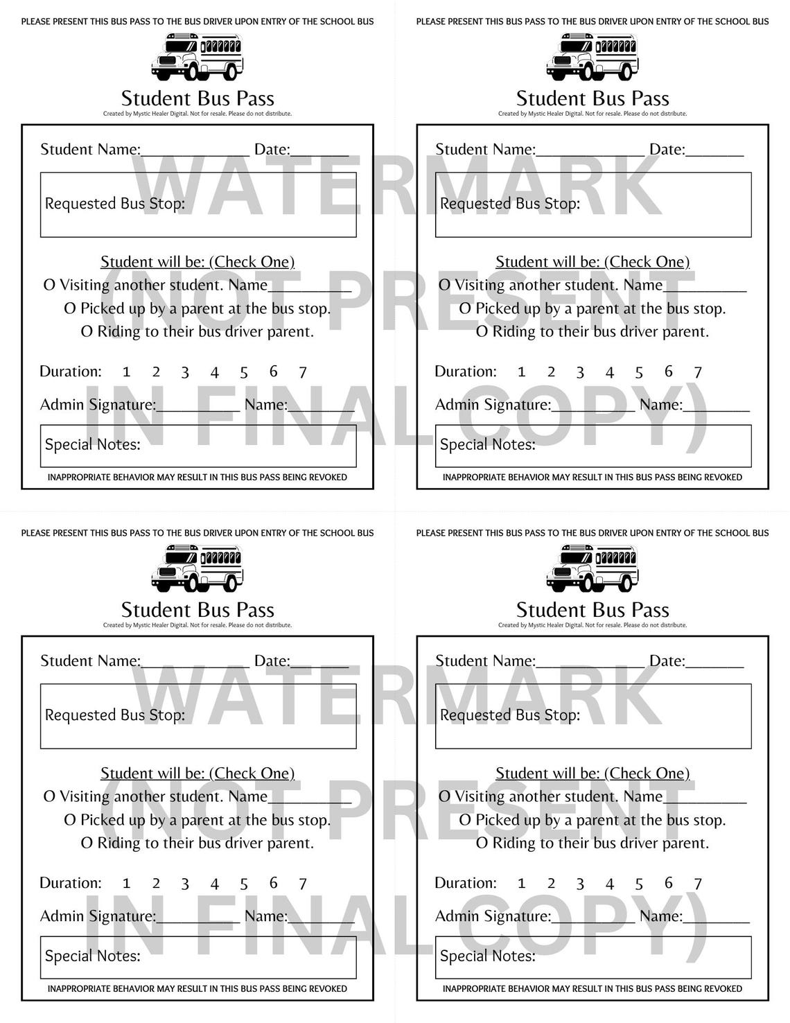 Student Bus Pass, for School Use, School Bus Pass, School Bus ...