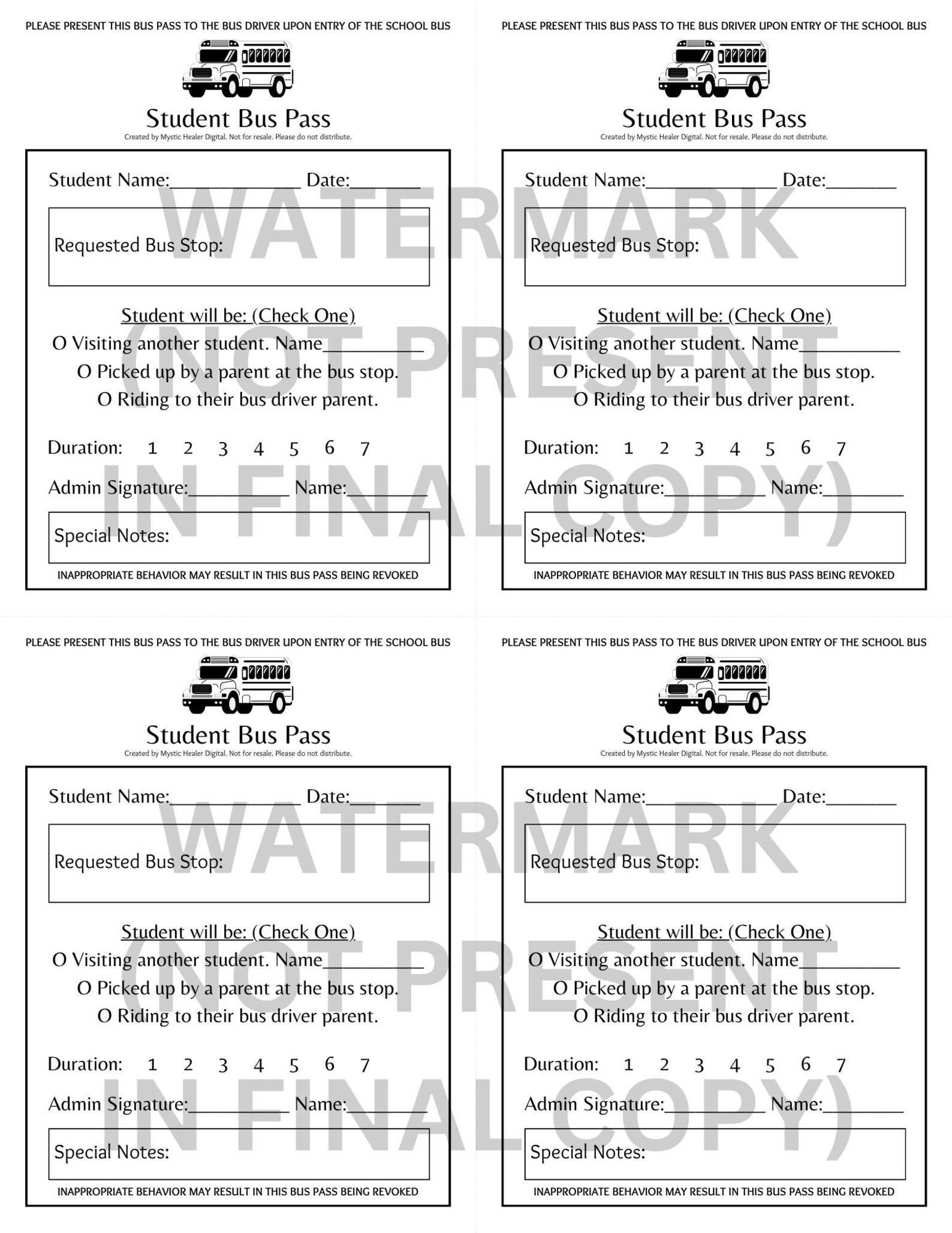 Student Bus Pass, for School Use, School Bus Pass, School Bus ...