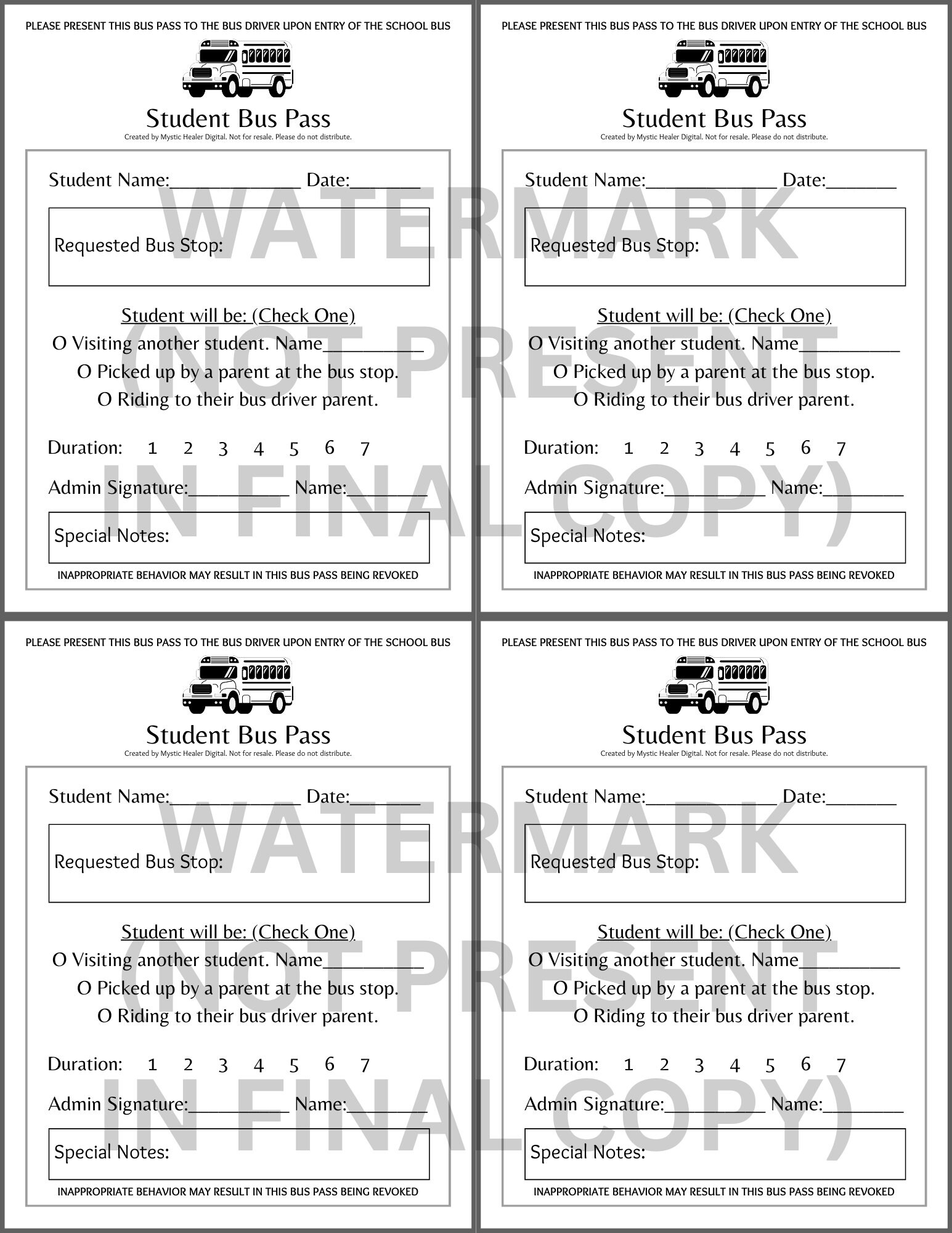 Student Bus Pass, for School Use, School Bus Pass, School Bus ...