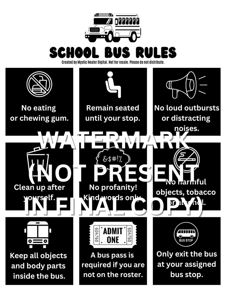School Bus Rules Grayscale, School Bus Drivers, School Bus Safety, Back to School, Digital ...
