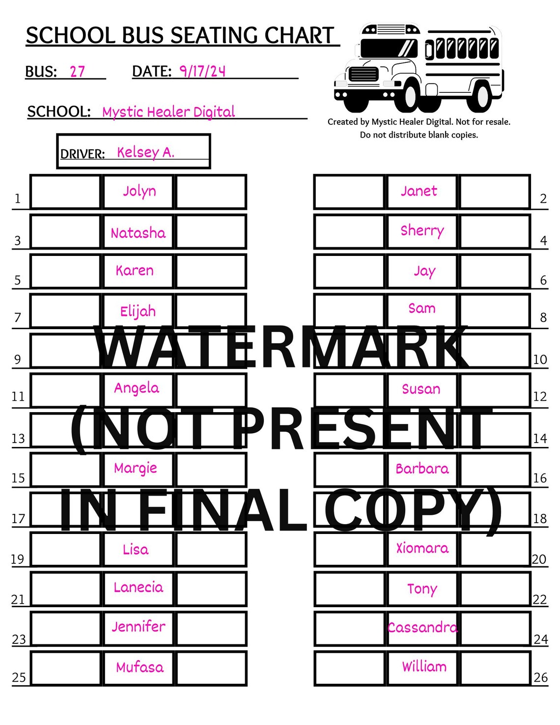 Numbered School Bus Seating Chart, School Bus Drivers, Teacher Bus ...
