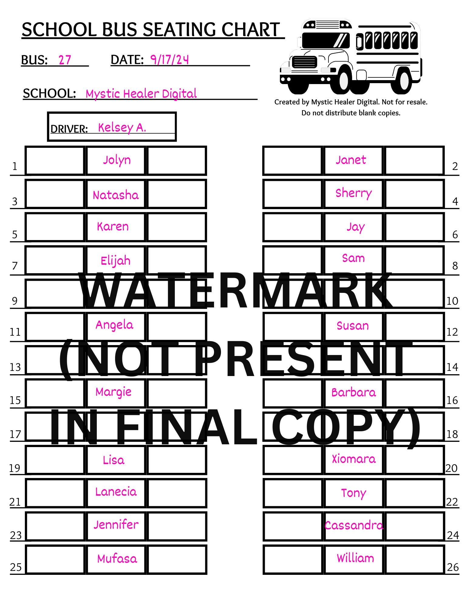 Numbered School Bus Seating Chart, School Bus Drivers, Teacher Bus ...