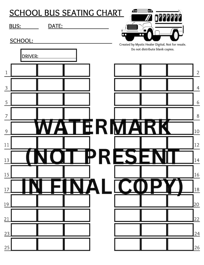 Numbered School Bus Seating Chart, School Bus Drivers, Teacher Bus ...