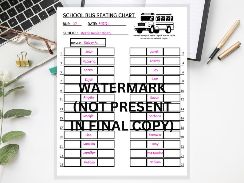 Numbered School Bus Seating Chart, School Bus Drivers, Teacher Bus ...