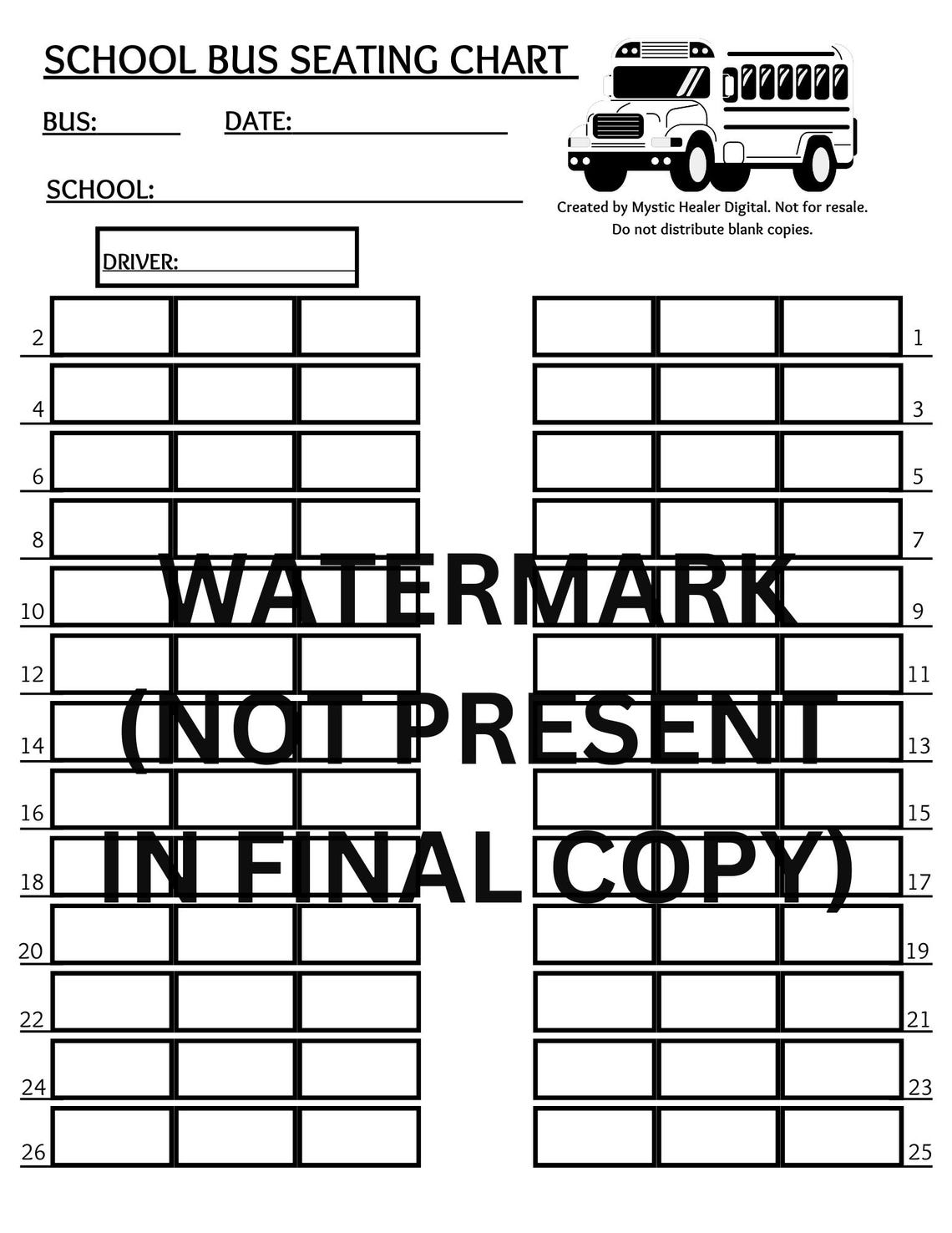Numbered School Bus Seating Chart, School Bus Drivers, Teacher Bus ...