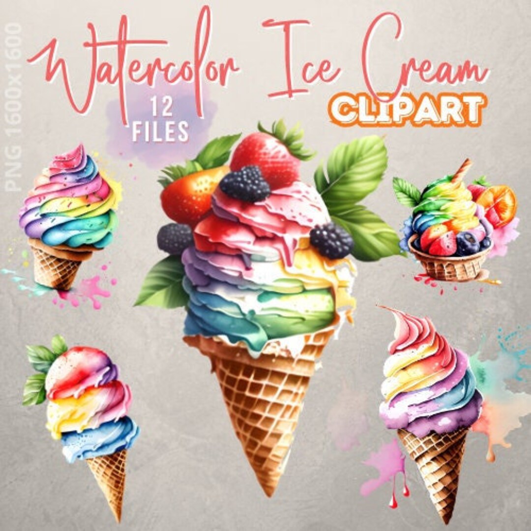 Watercolor Ice Cream Cone Clipart, PNG 1600x1600, 20 Items - Etsy