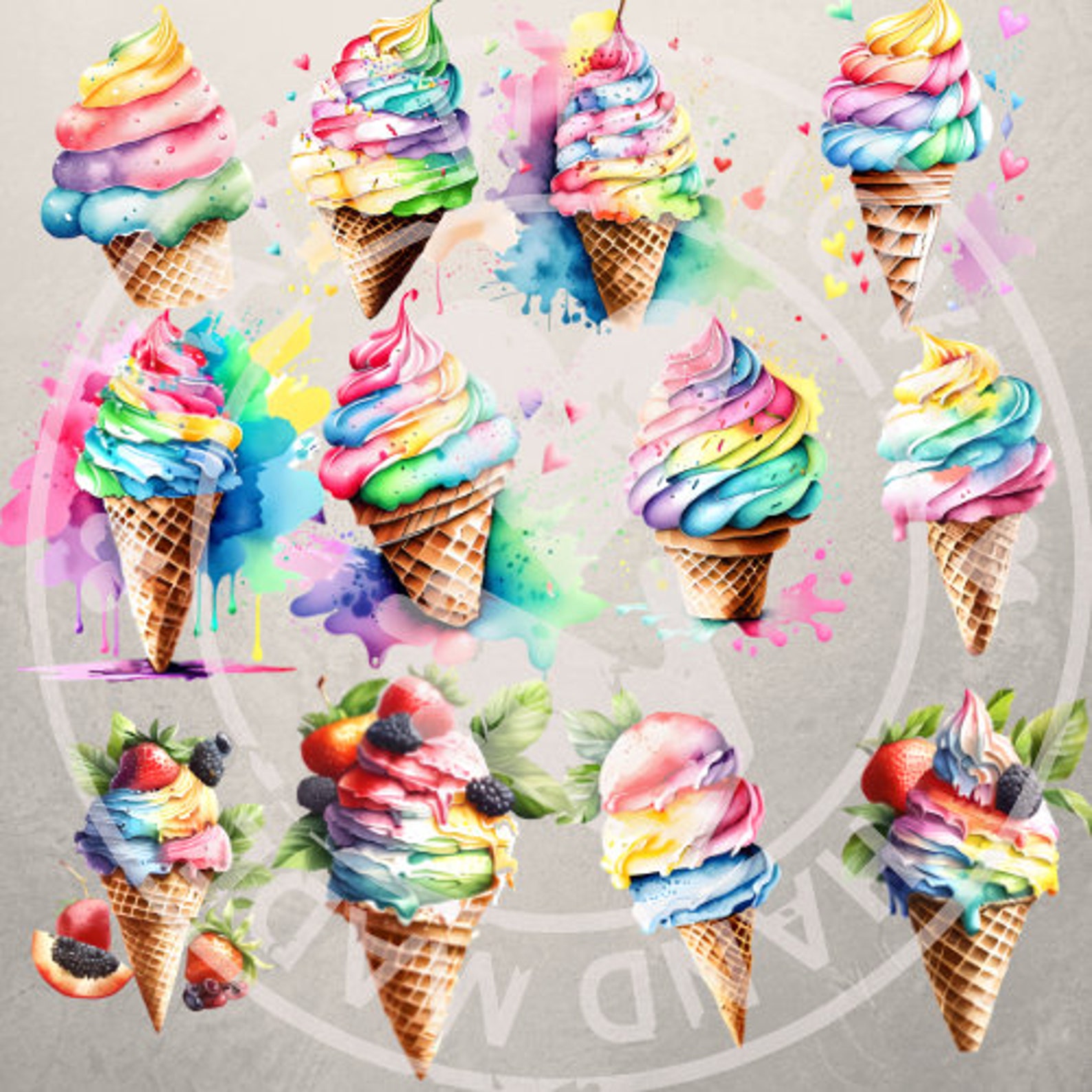 Watercolor Ice Cream Cone Clipart, PNG 1600x1600, 20 Items - Etsy
