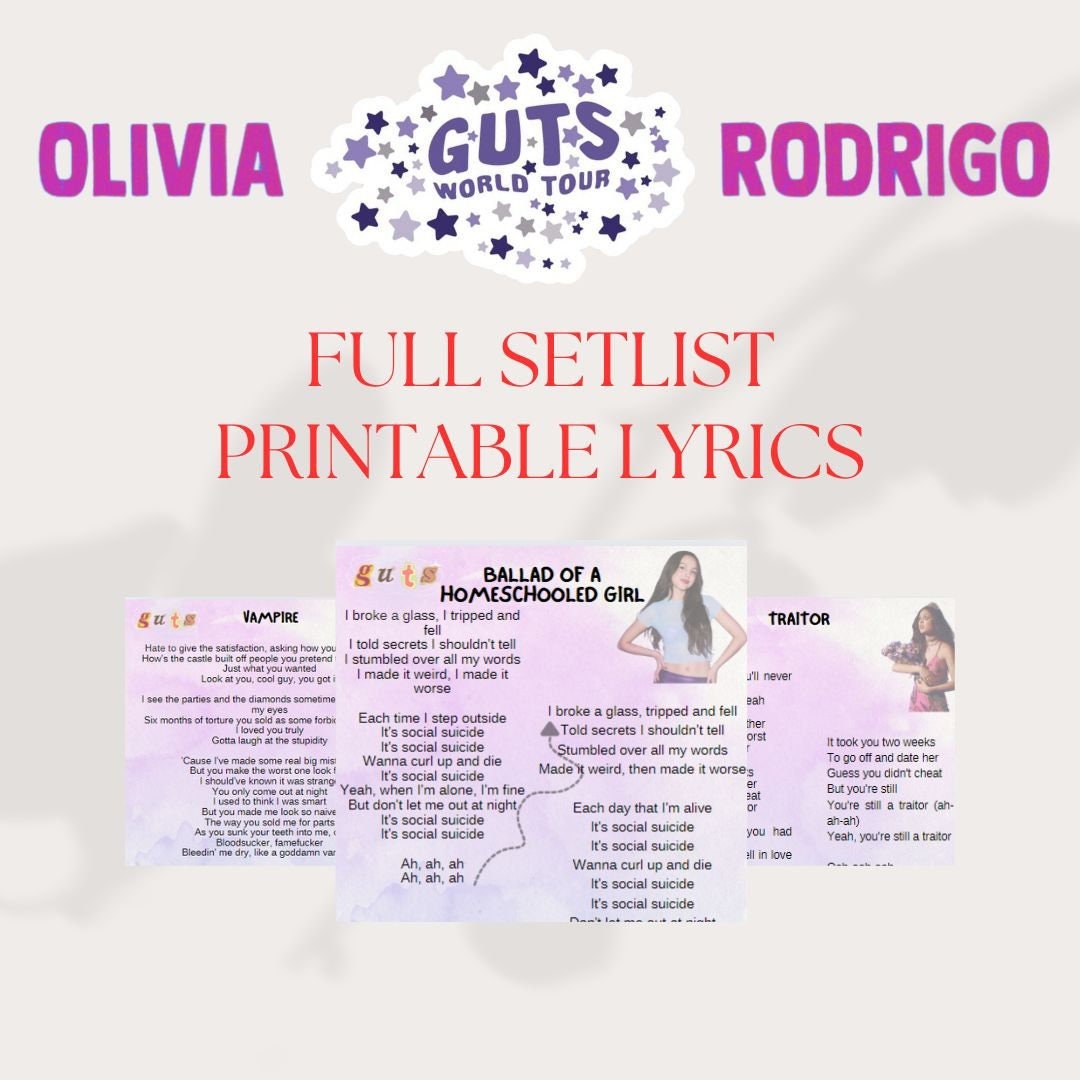 Olivia Rodrigo GUTS World Tour Printable Lyric Buch Setlist Konzert ...