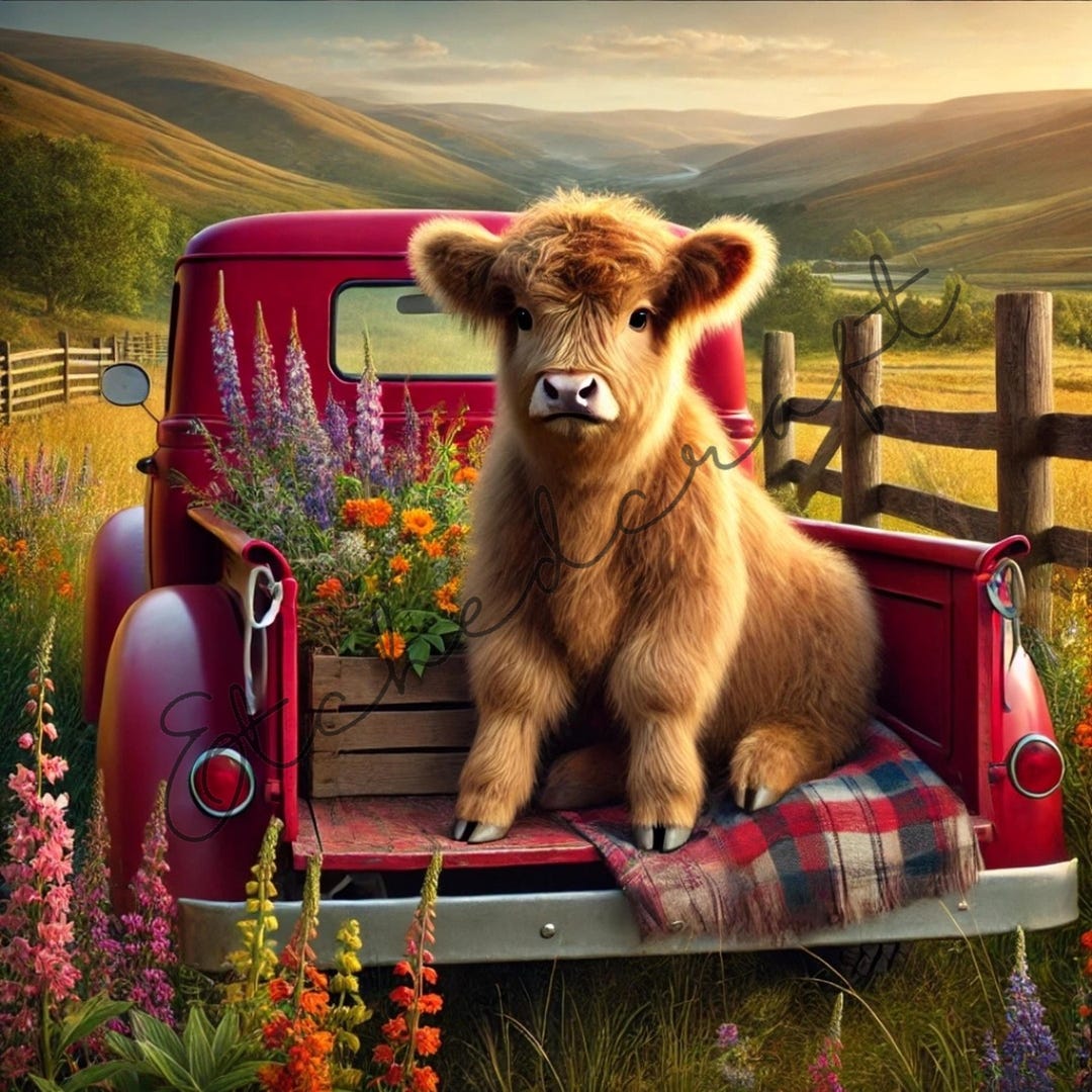 Highland Cow Art Print | Rustic Farmhouse Decor | Red Truck Floral ...