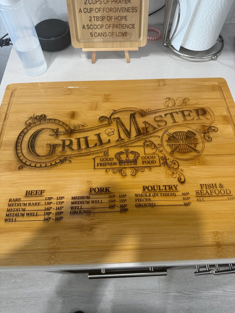Grill Master Engraved Bamboo Cutting Board | BBQ Meat Temperature Guide ...