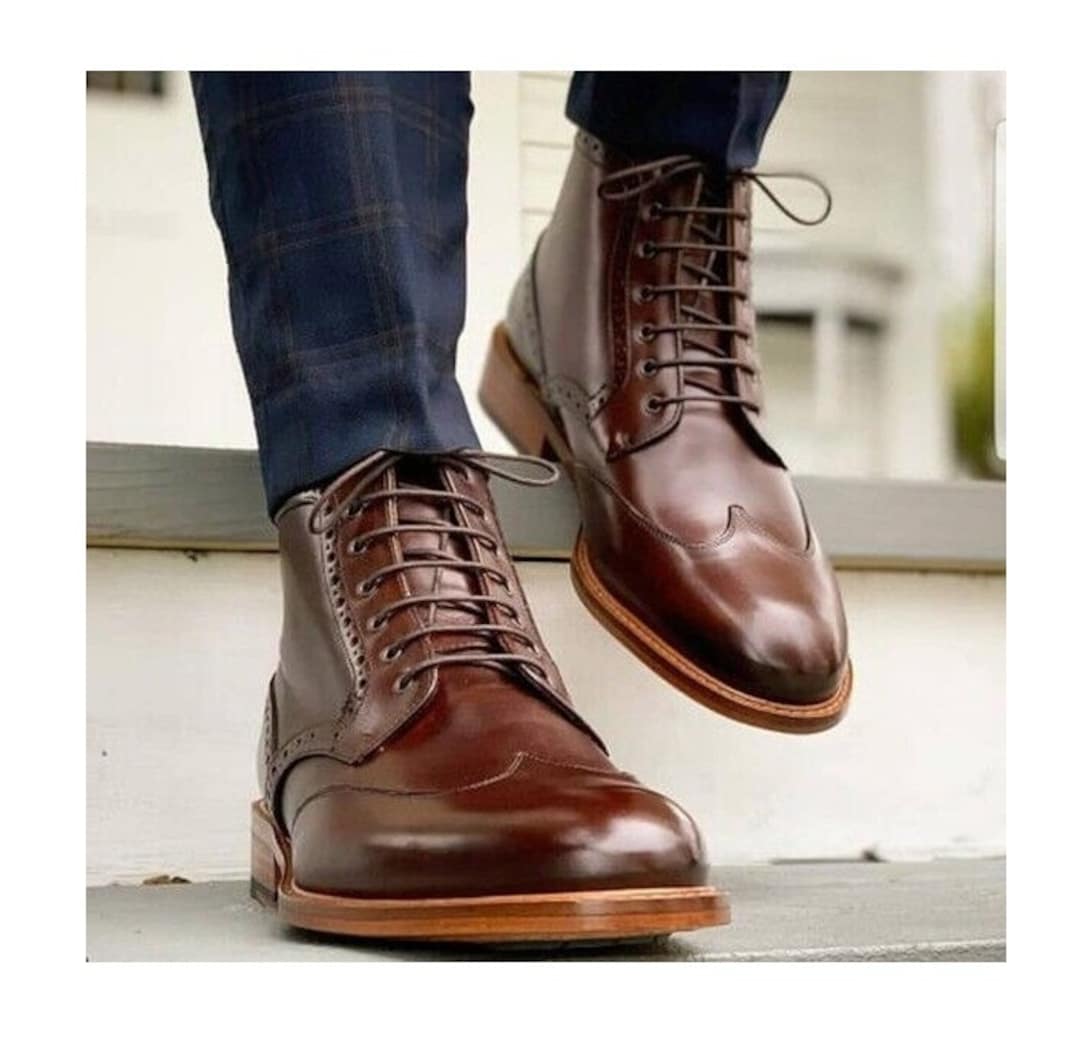 Handmade Brown Wing Tip Lace up Boot, Men's Leather Ankle Boot, Men ...