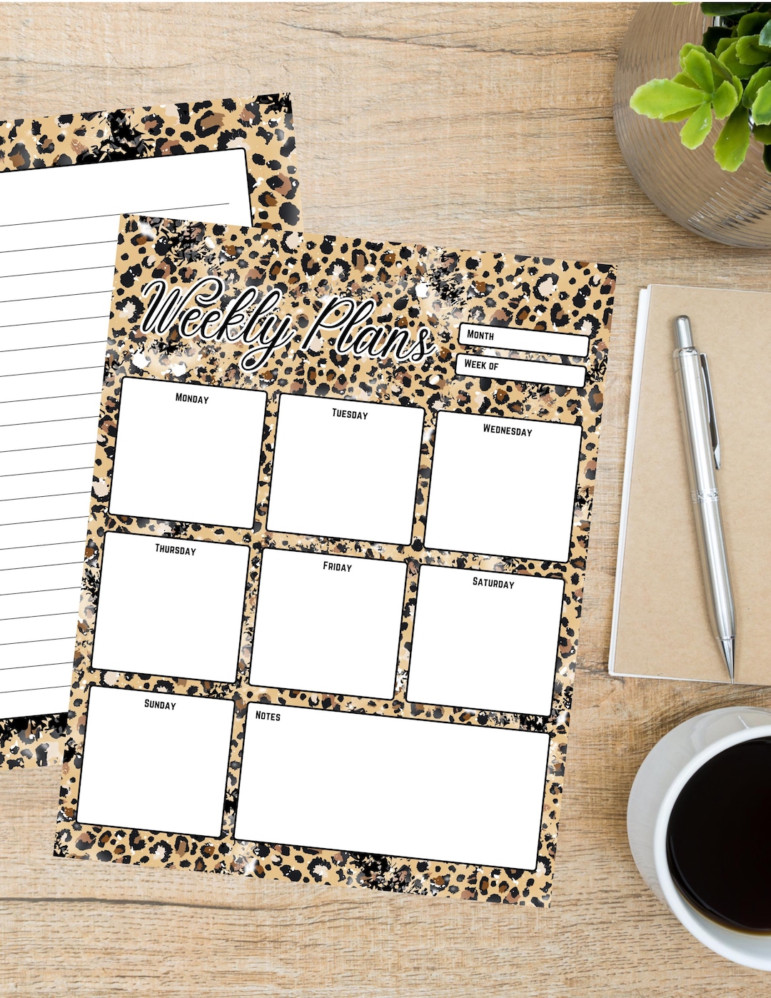 Cheetah Print Weekly Planner, Lined Unlined Stationery Set (digital ...