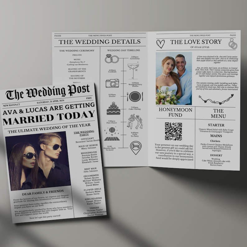 Editable Newspaper Wedding, Newspaper Wedding Program Template, Folded ...