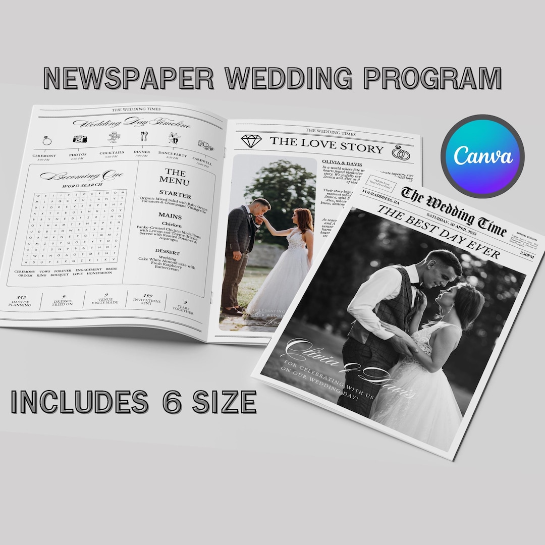 Newspaper Wedding Program Template, Editable Wedding Newspaper Program ...