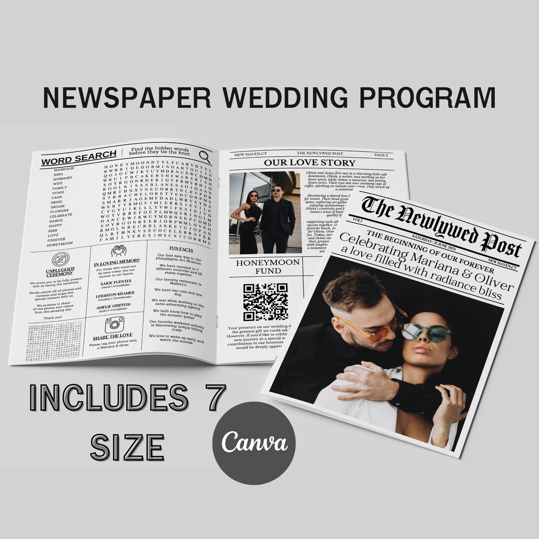 Newspaper Wedding Program Template, Editable Wedding Newspaper Program ...
