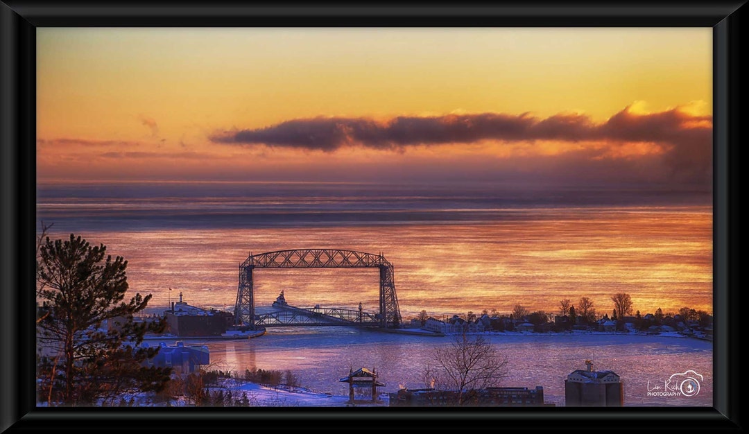 Aerial Lift Bridge Sunrise in Duluth Minnesota on Lake Superior ...