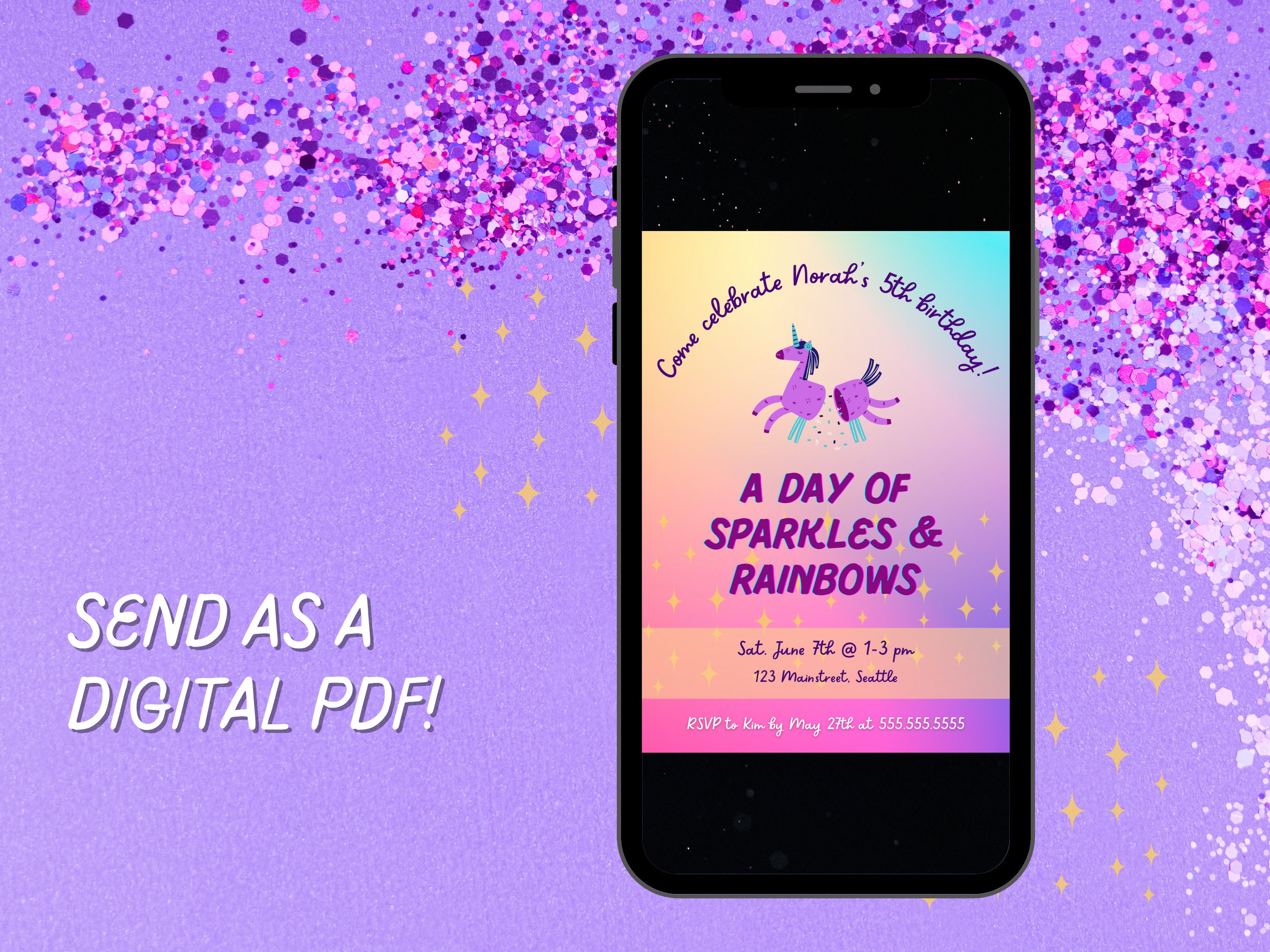 Editable Rainbows and Sparkles Unicorn Birthday Card Invitation | Made ...