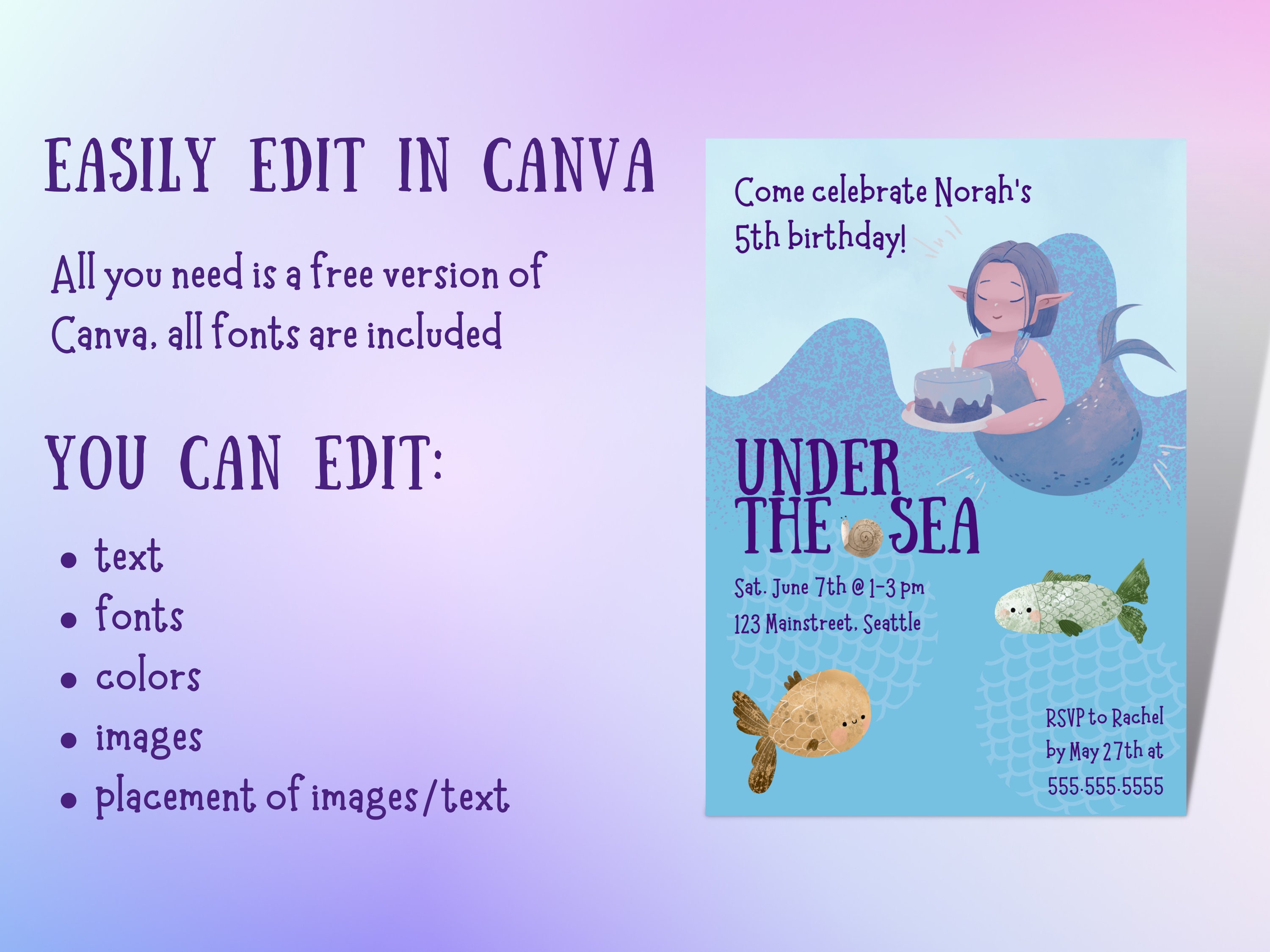 Editable Under the Sea Mermaid Birthday Invitation Made in Canva - Etsy