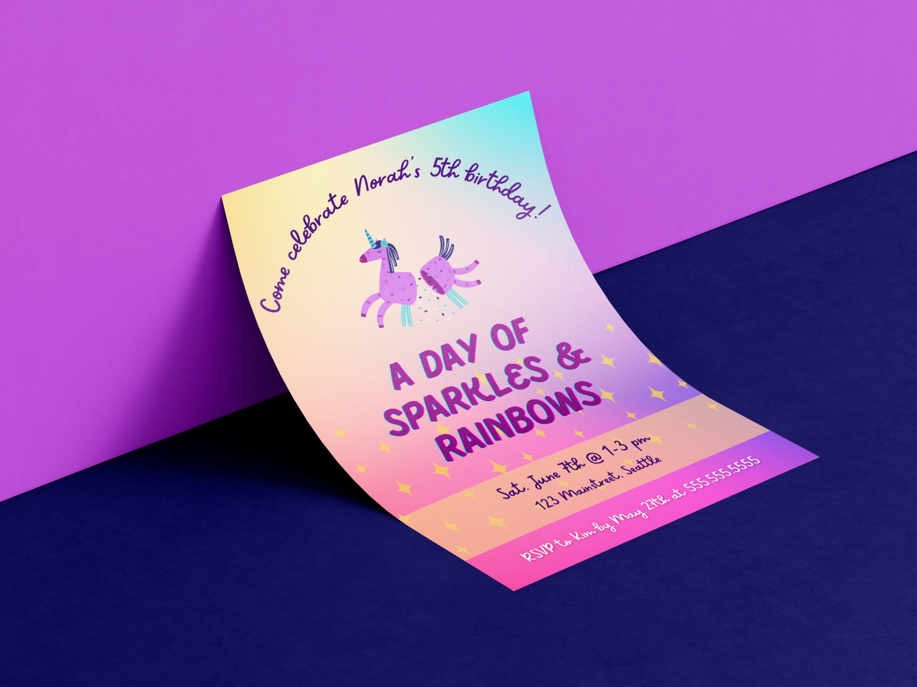 Editable Rainbows and Sparkles Unicorn Birthday Card Invitation | Made ...