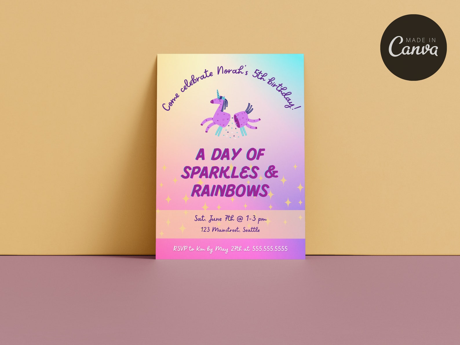 Editable Rainbows and Sparkles Unicorn Birthday Card Invitation | Made ...