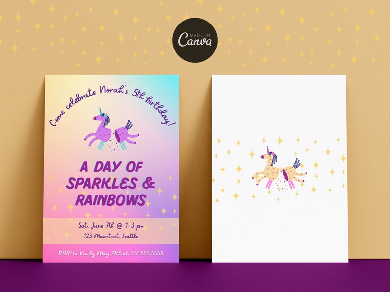 Editable Rainbows and Sparkles Unicorn Birthday Card Invitation | Made ...