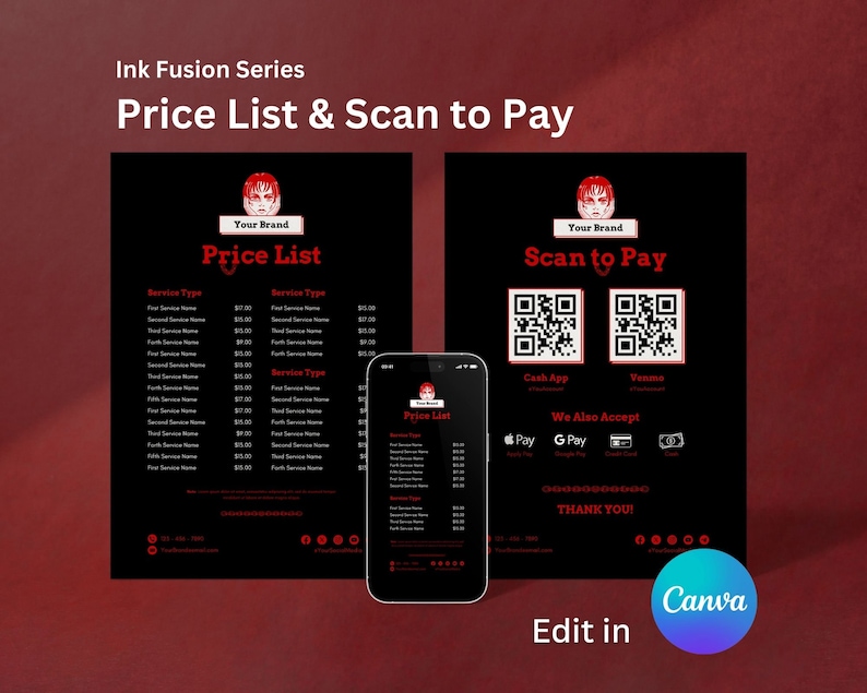 Tattoo Artist Price List, Feminine Goth Shop Menu, Scan to Pay Editable ...